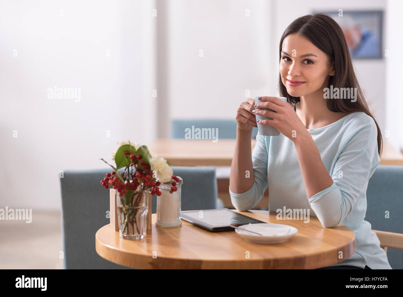 Title: Happy charming beautiful woman relaxing in a coffee shop Stock ...