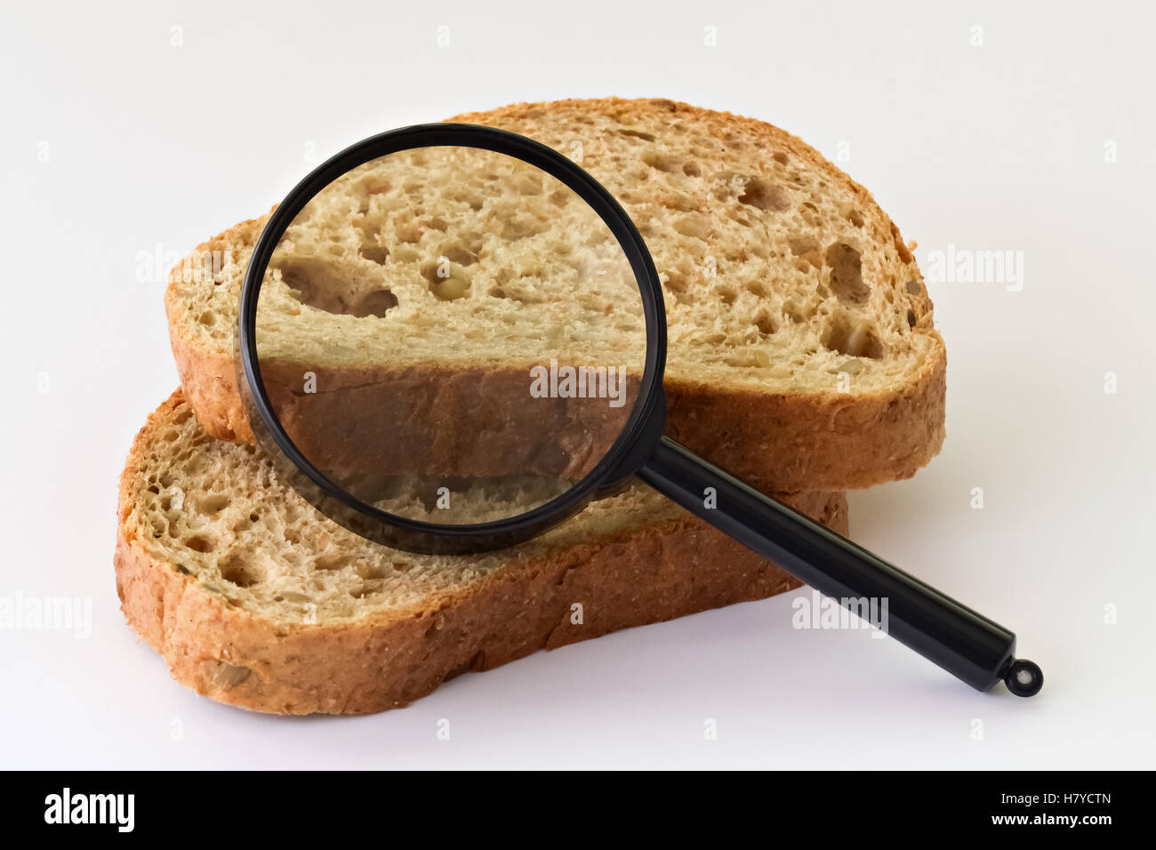 Closeup of two pieces of bread under a magnifier on bright background ...