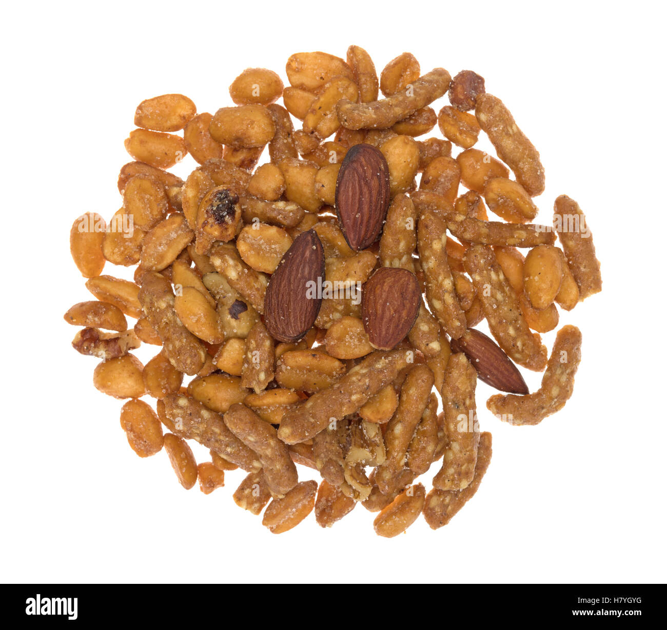 Top view of a portion of an energy trail mix blend of peanuts, almonds ...