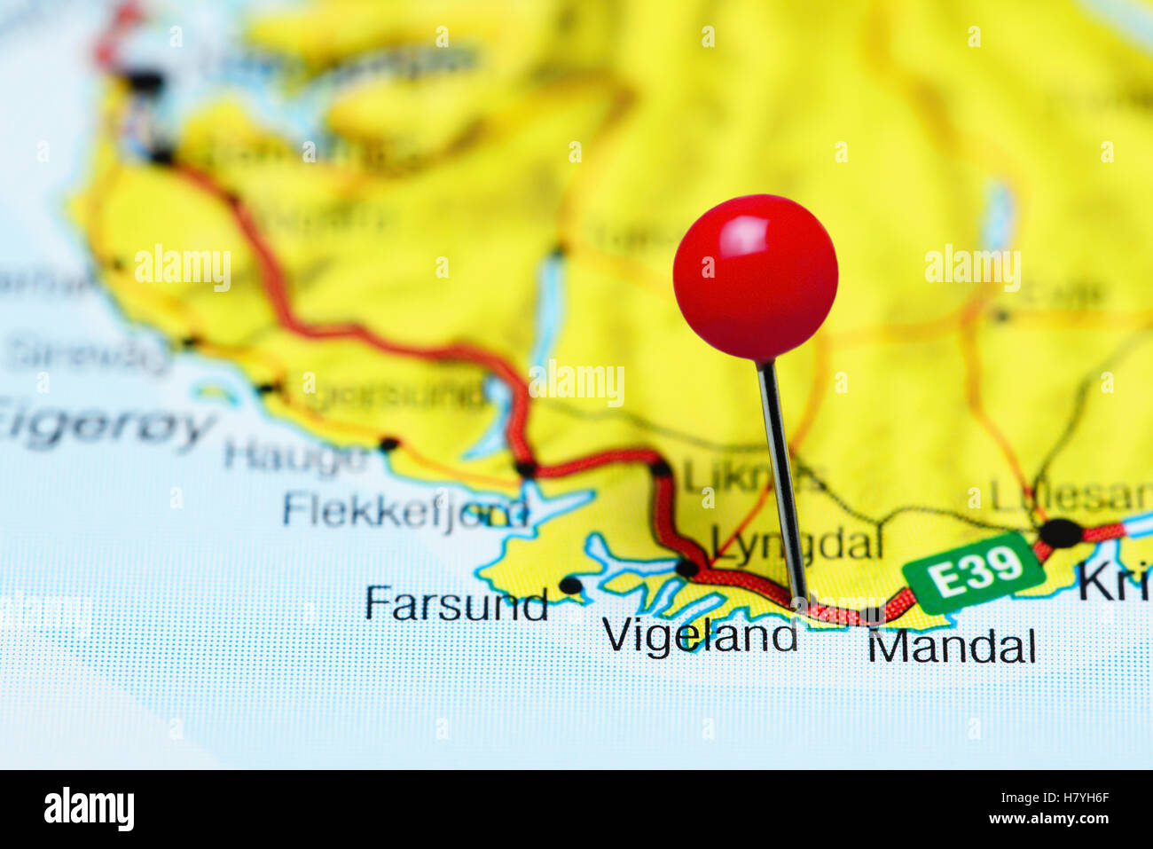 Vigeland pinned on a map of Norway Stock Photo - Alamy
