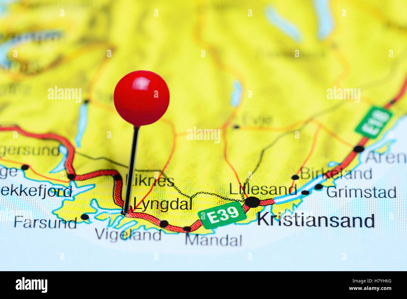 Lyngdal pinned on a map of Norway Stock Photo - Alamy