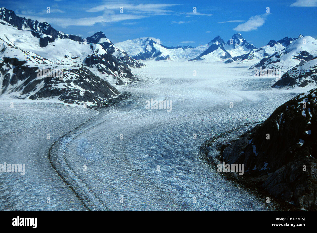Glacier showing lateral and medial moraines in glacial valley, Alaska ...