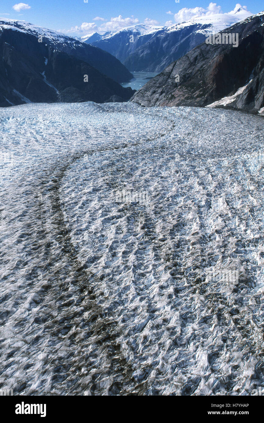 Glacier showing lateral and medial moraines in glacial valley, Alaska ...