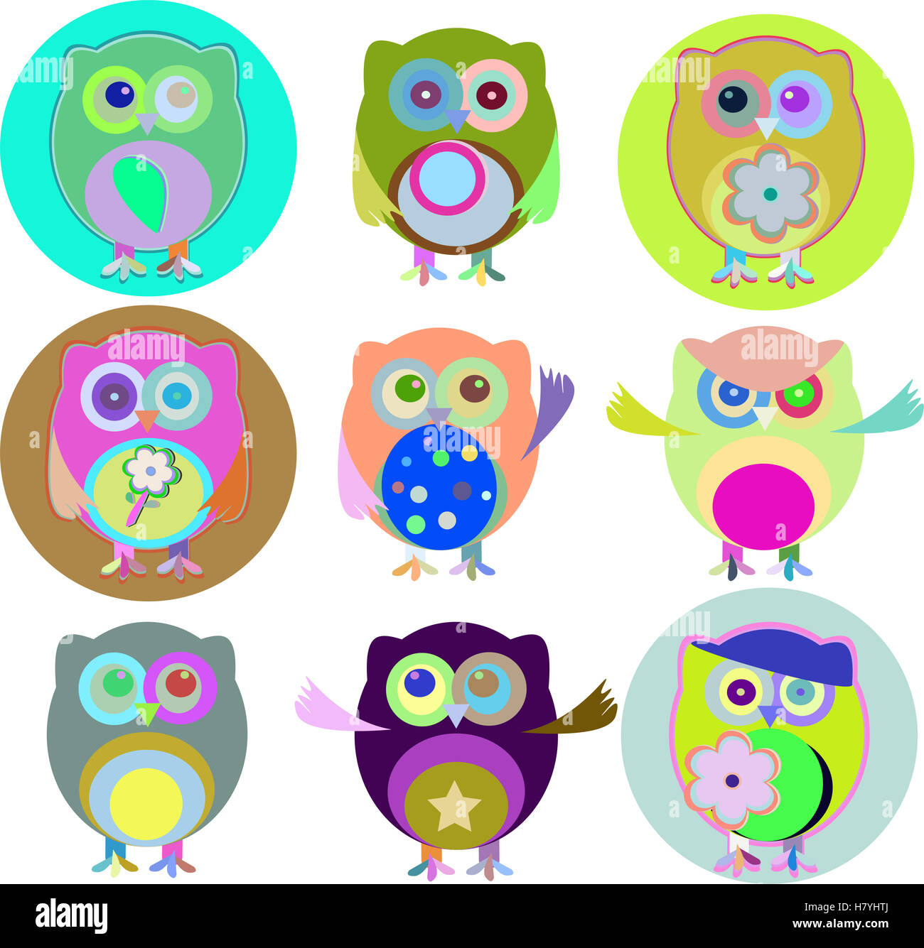 colorful owls with nine color combinations isolated on white Stock ...