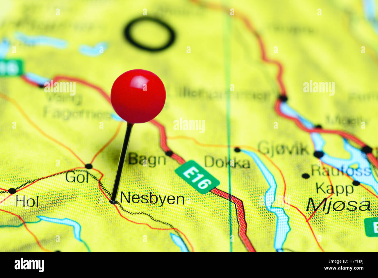 Nesbyen pinned on a map of Norway Stock Photo - Alamy