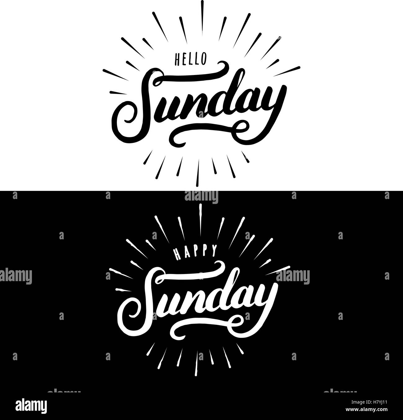 Set of happy and hello sunday hand drawn lettering. Modern brush ...