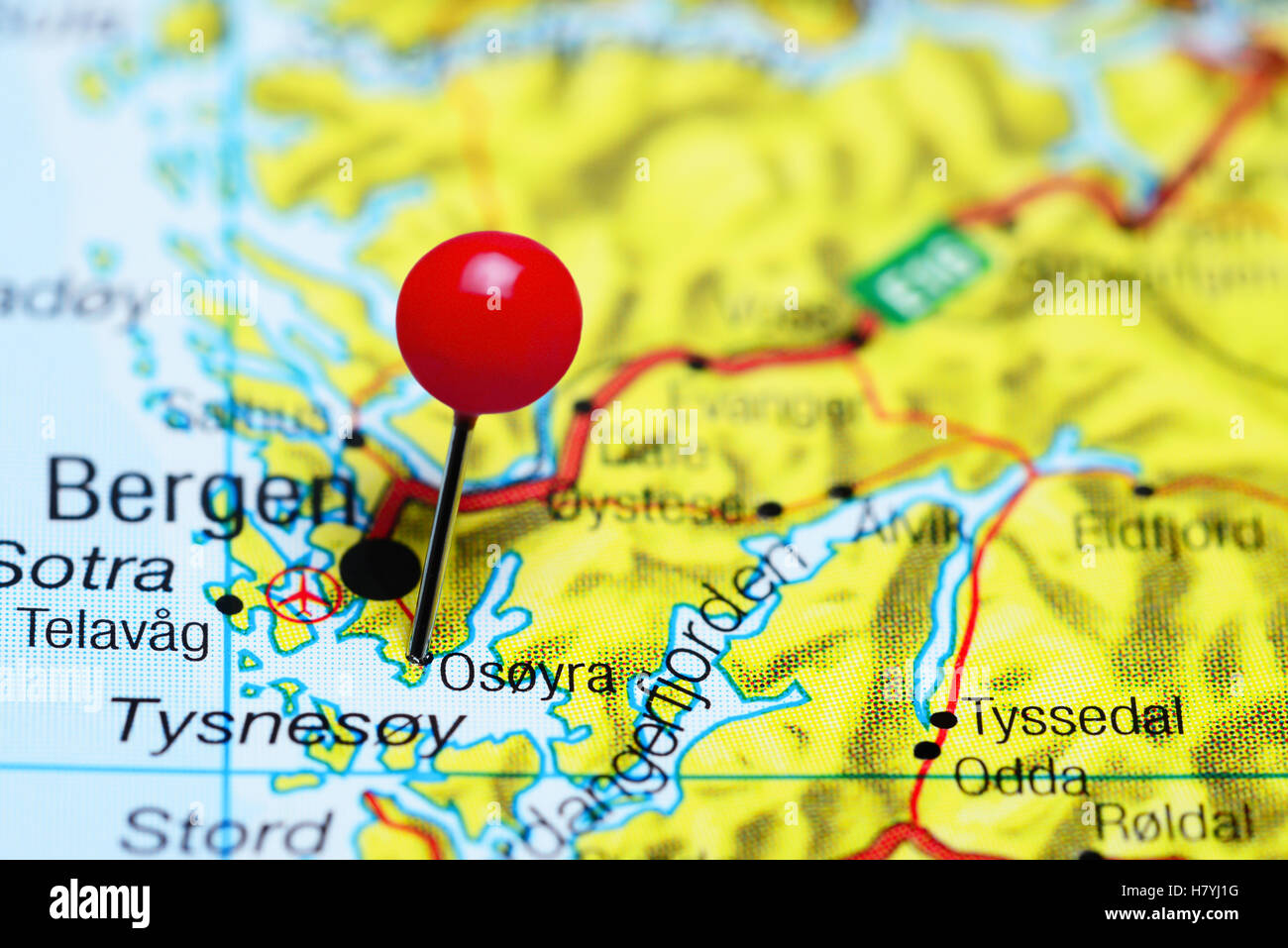 Osoyra pinned on a map of Norway Stock Photo - Alamy