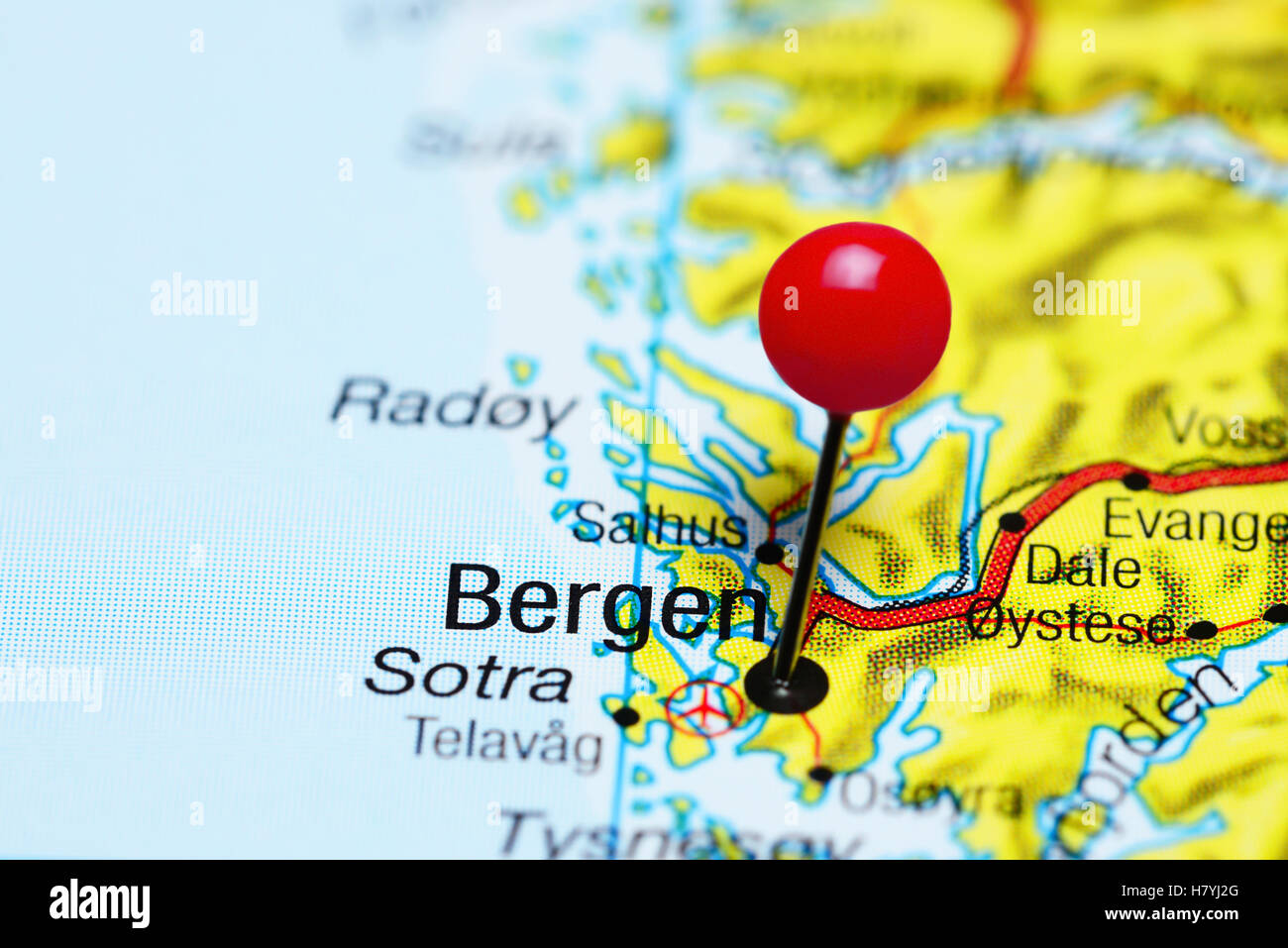 Bergen pinned on a map of Norway Stock Photo - Alamy