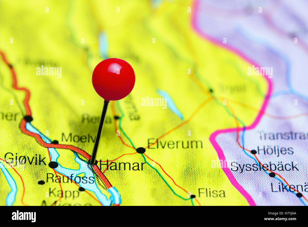 Hamar pinned on a map of Norway Stock Photo - Alamy