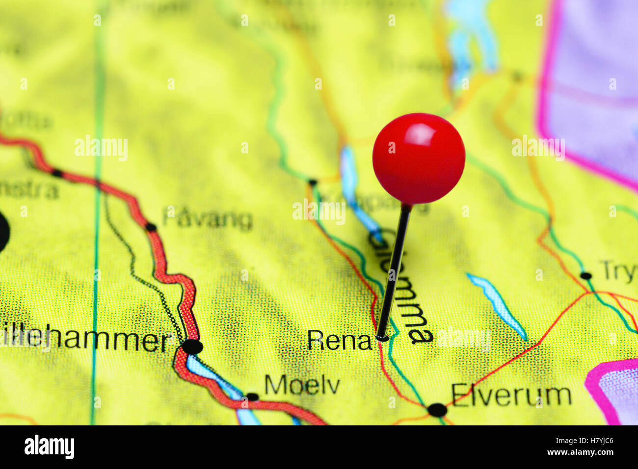 Rena pinned on a map of Norway Stock Photo - Alamy
