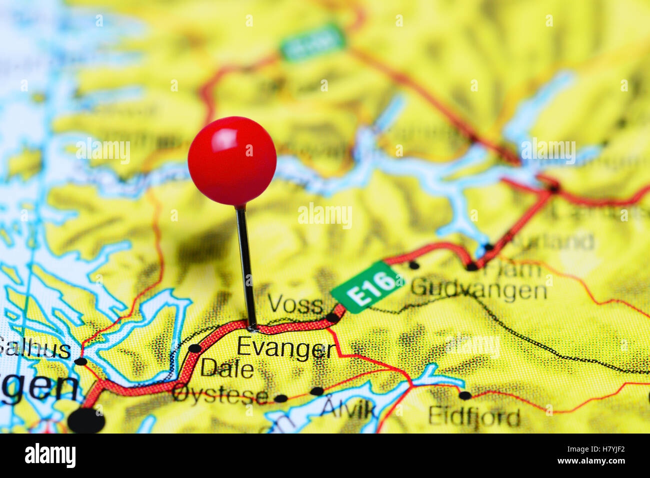 Evanger pinned on a map of Norway Stock Photo - Alamy