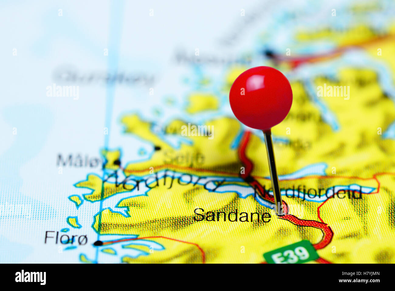 Sandane pinned on a map of Norway Stock Photo - Alamy