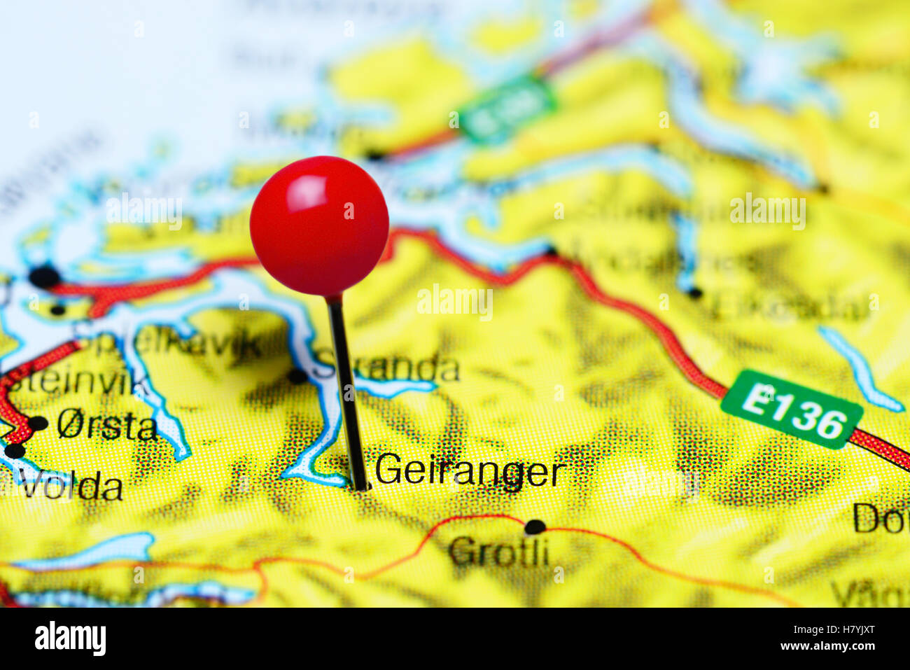 Geiranger pinned on a map of Norway Stock Photo - Alamy