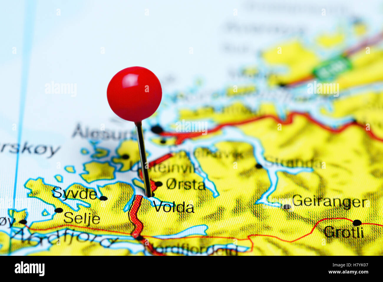 Volda pinned on a map of Norway Stock Photo - Alamy