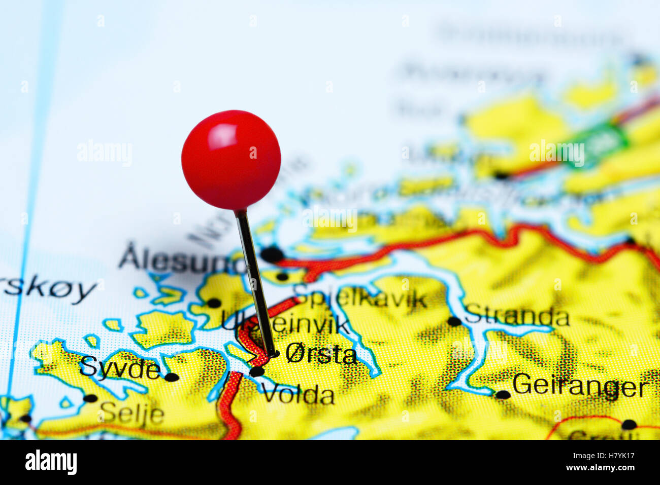 Orsta pinned on a map of Norway Stock Photo - Alamy