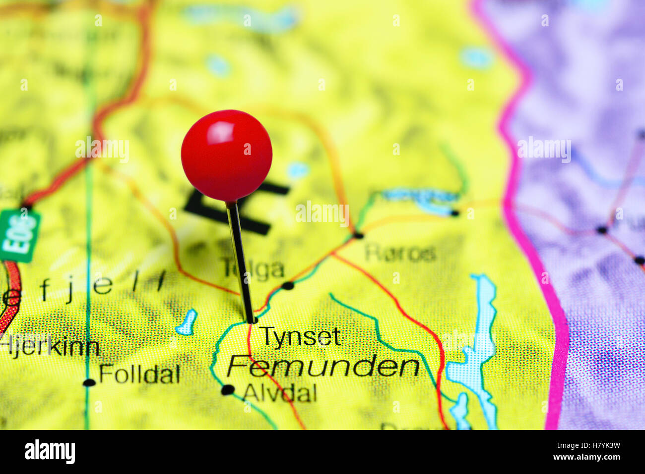 Tynset pinned on a map of Norway Stock Photo - Alamy