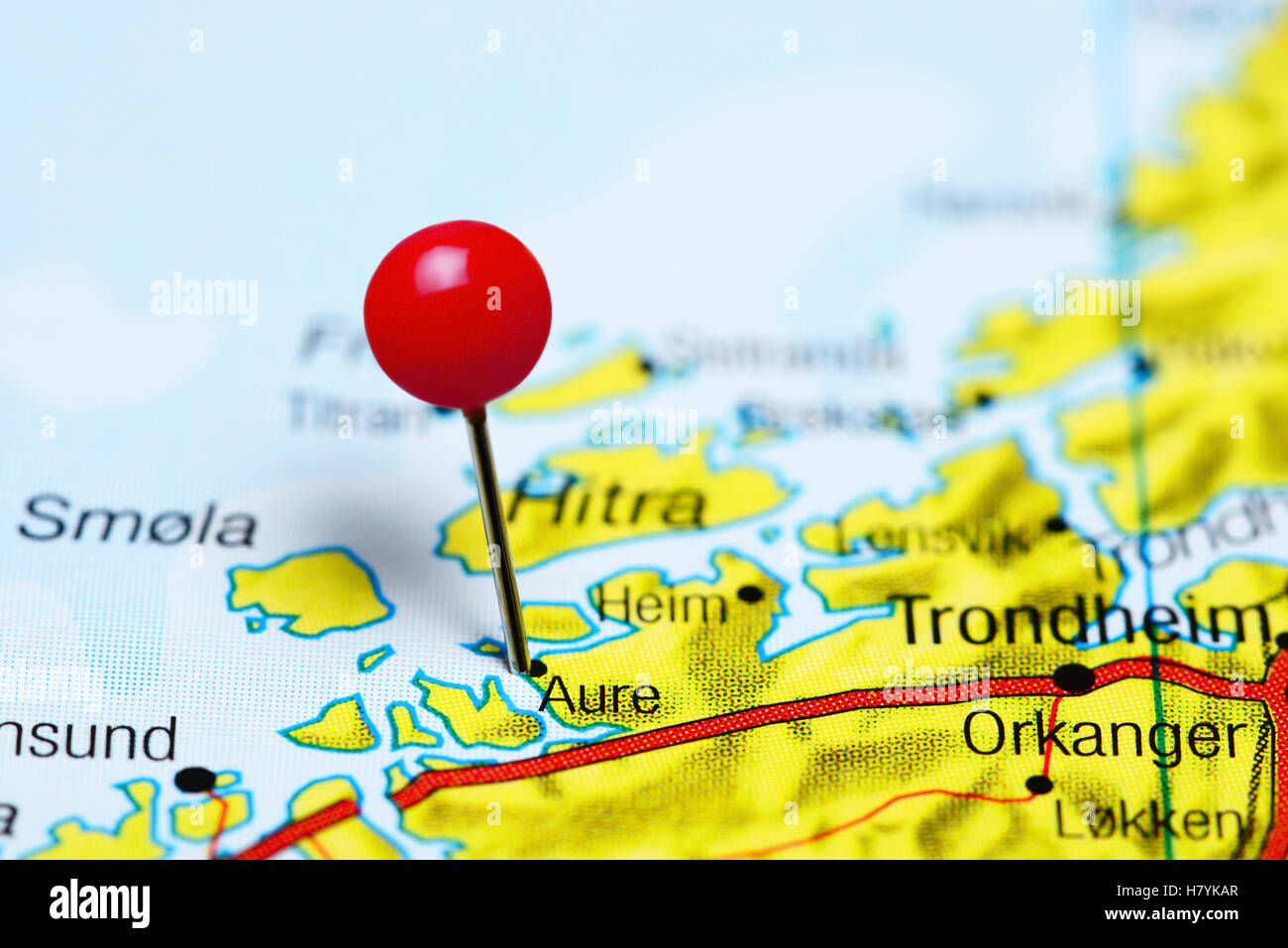 Aure pinned on a map of Norway Stock Photo - Alamy