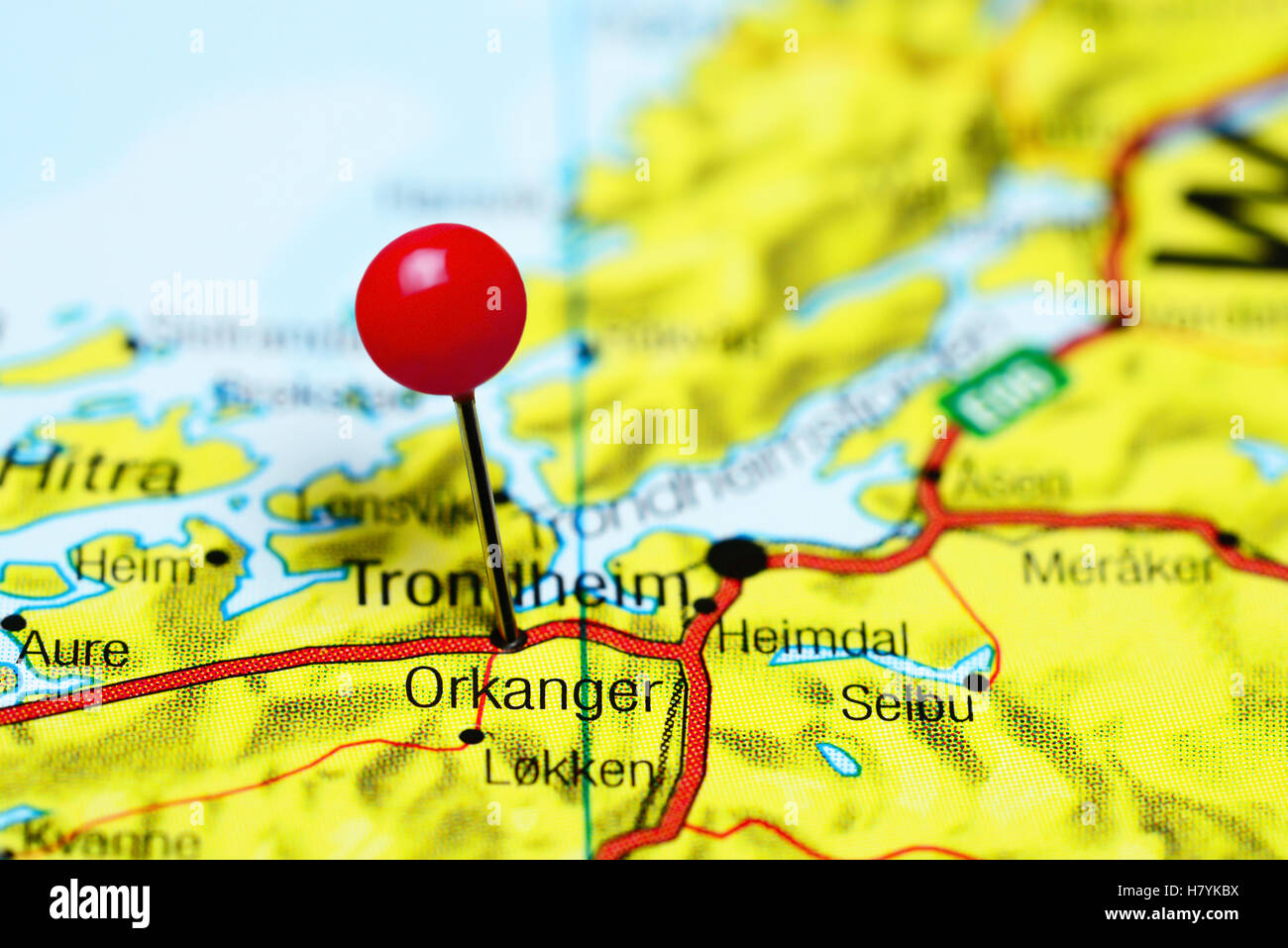Orkanger pinned on a map of Norway Stock Photo - Alamy
