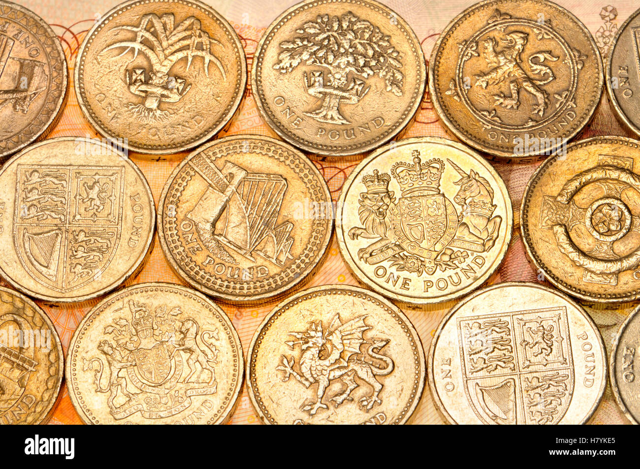 British pound coins with different designs on the reverse Stock Photo ...