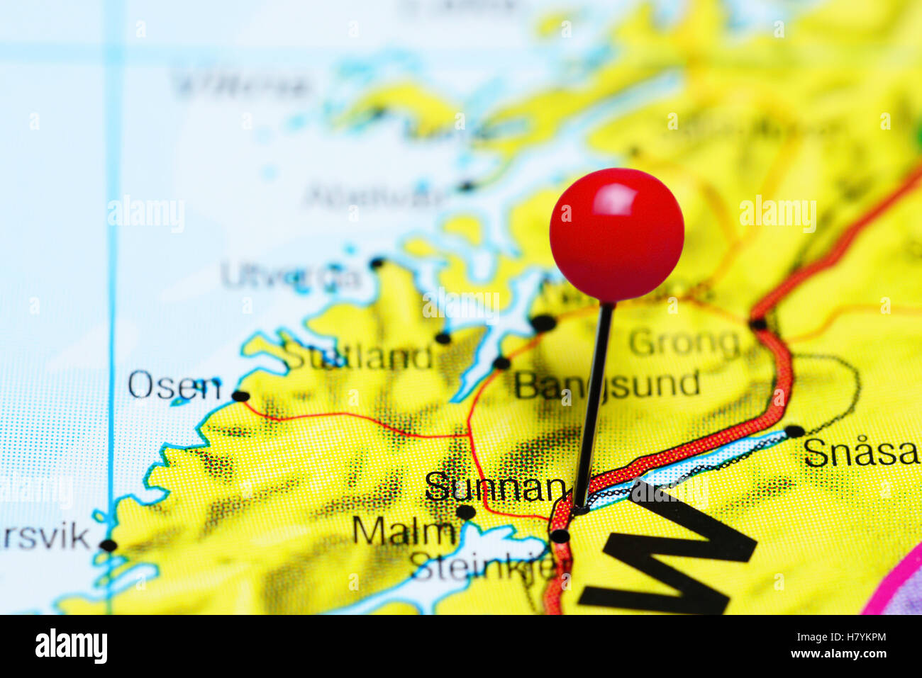 Sunnan pinned on a map of Norway Stock Photo - Alamy