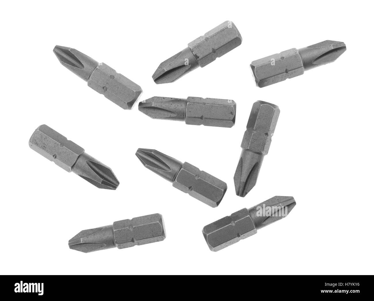 Top view of a group of phillips head screwdriver bits isolated on a ...
