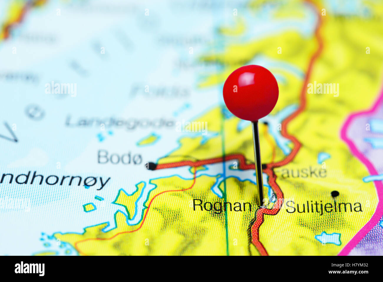 Rognan pinned on a map of Norway Stock Photo - Alamy