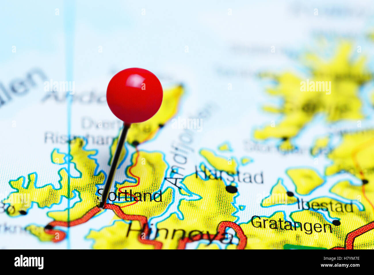 Sortland pinned on a map of Norway Stock Photo - Alamy