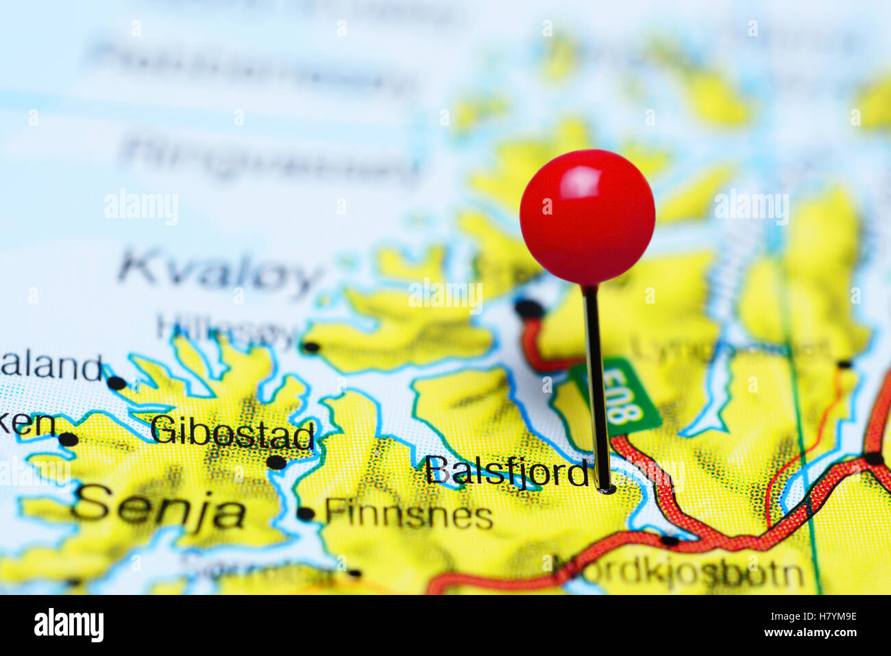 Balsfjord pinned on a map of Norway Stock Photo - Alamy