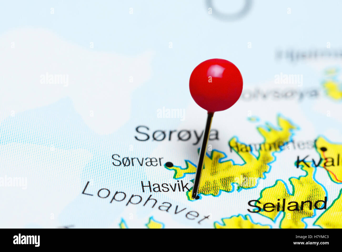 Hasvik pinned on a map of Norway, Soroya island Stock Photo - Alamy
