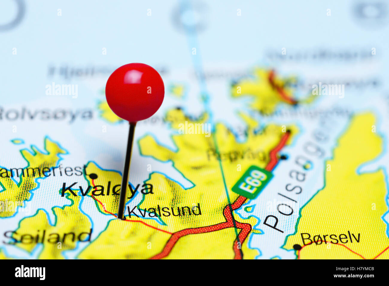 Kvalsund pinned on a map of Norway Stock Photo - Alamy