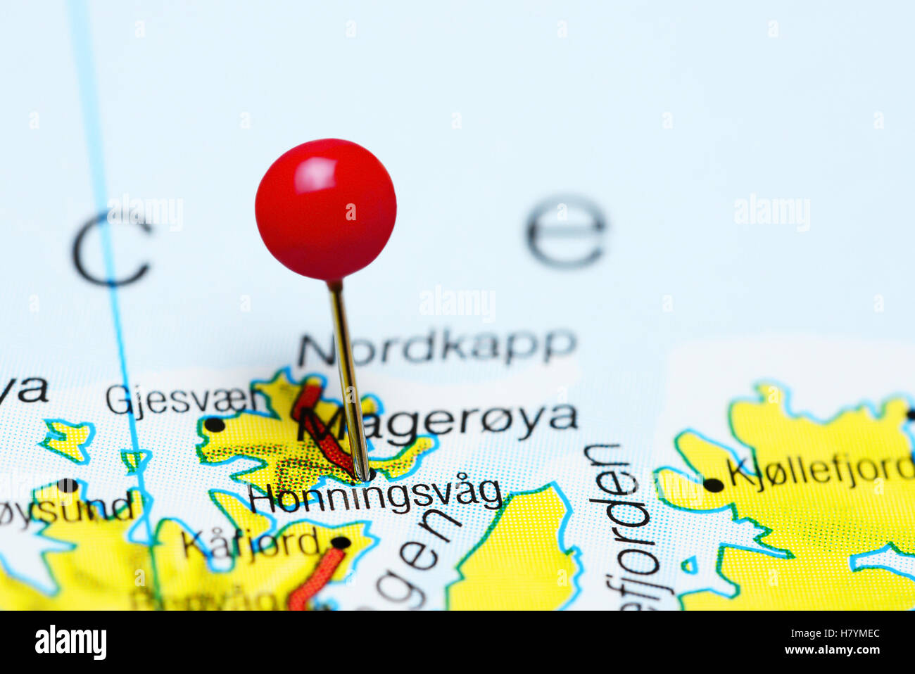 Honningsvag pinned on a map of Norway Stock Photo - Alamy