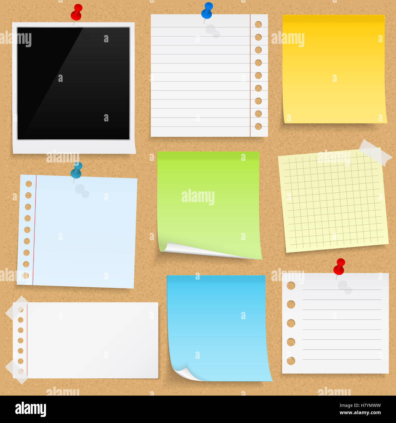 Paper notes, sticky papers an photo frames on bulletin board Stock ...