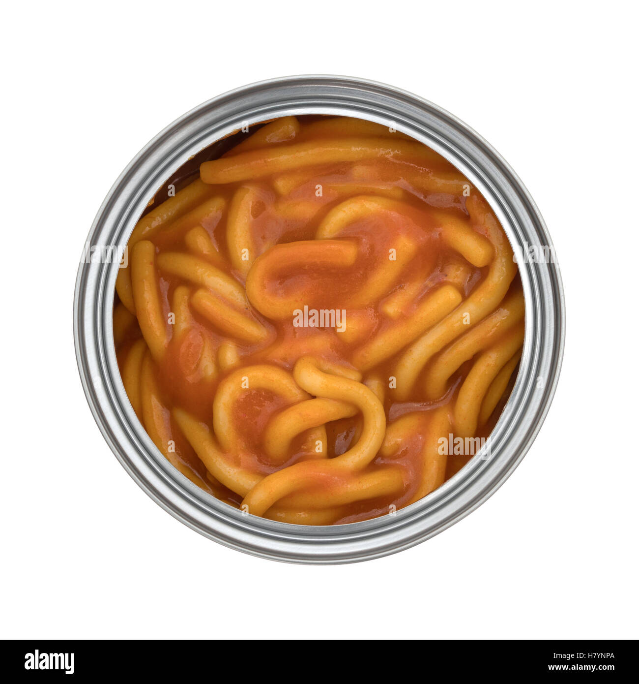 Top view of an opened can of spaghetti isolated on a white background ...