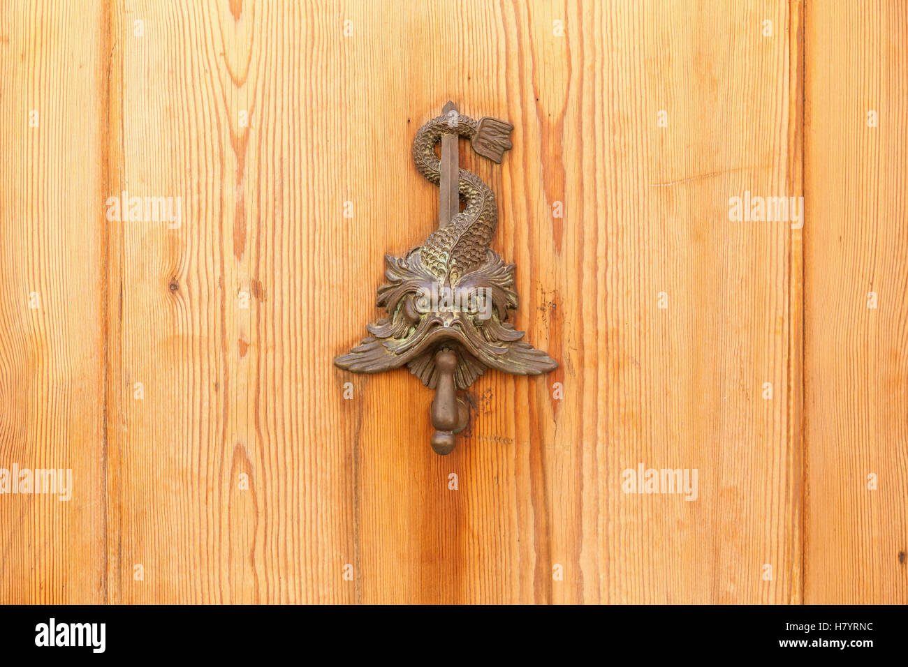 Wood door. Close up of the wooden door with the metal picture of the ...