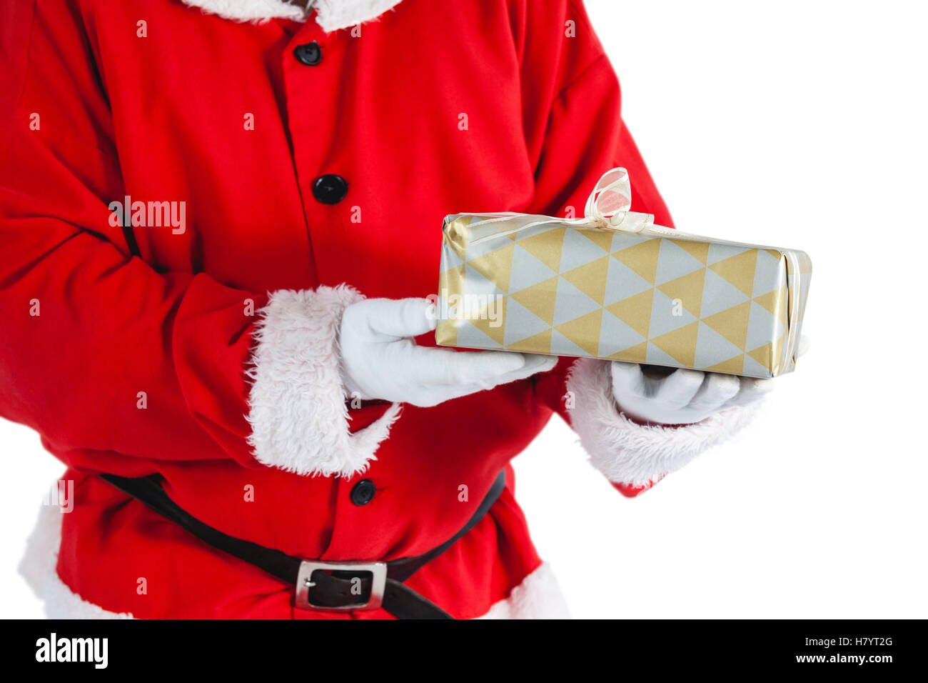 Santa claus holding a gift box Stock Photo - Alamy