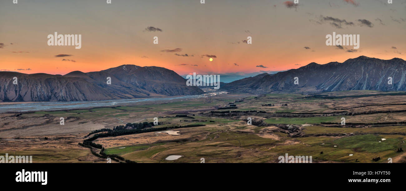 Full moon rising over Rangitata River, South Canterbury, New Zealand ...