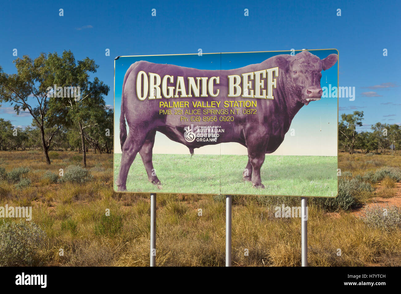 Highway billboard advertising organic beef ranch, Northern Territory ...
