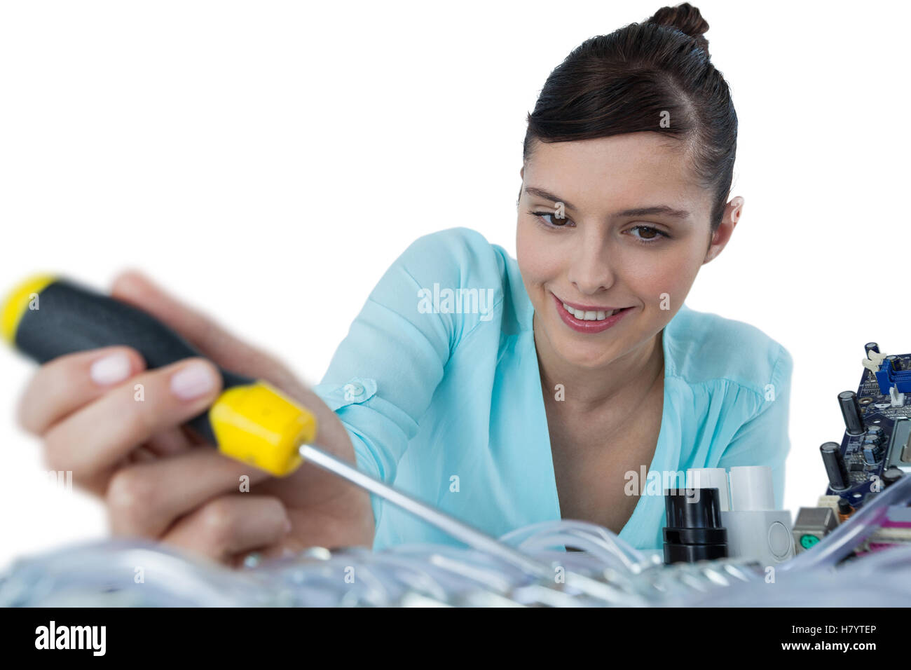 Female computer engineer repairing computer motherboard Stock Photo - Alamy