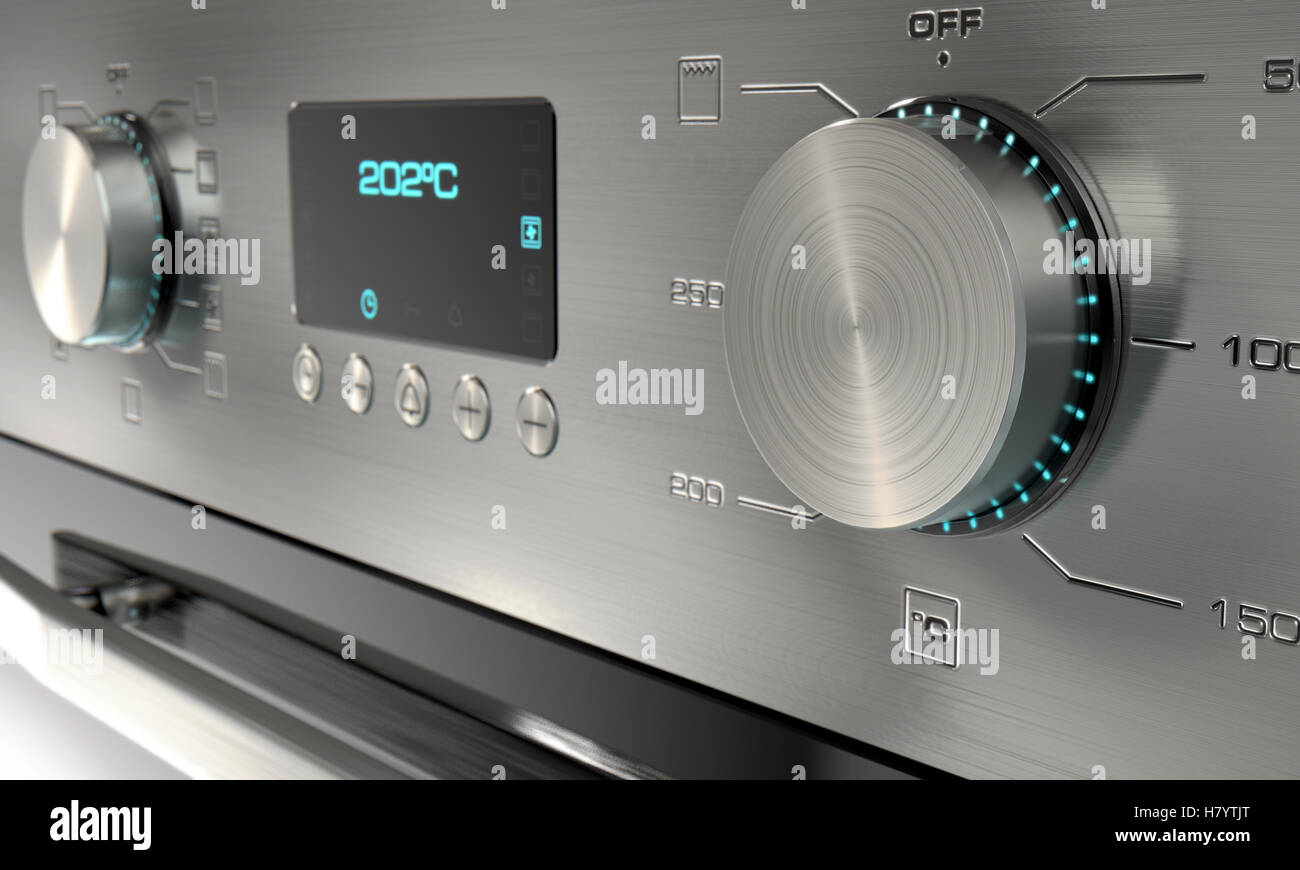 A 3D render of a closeup of the dials of a modern stainless steel oven ...