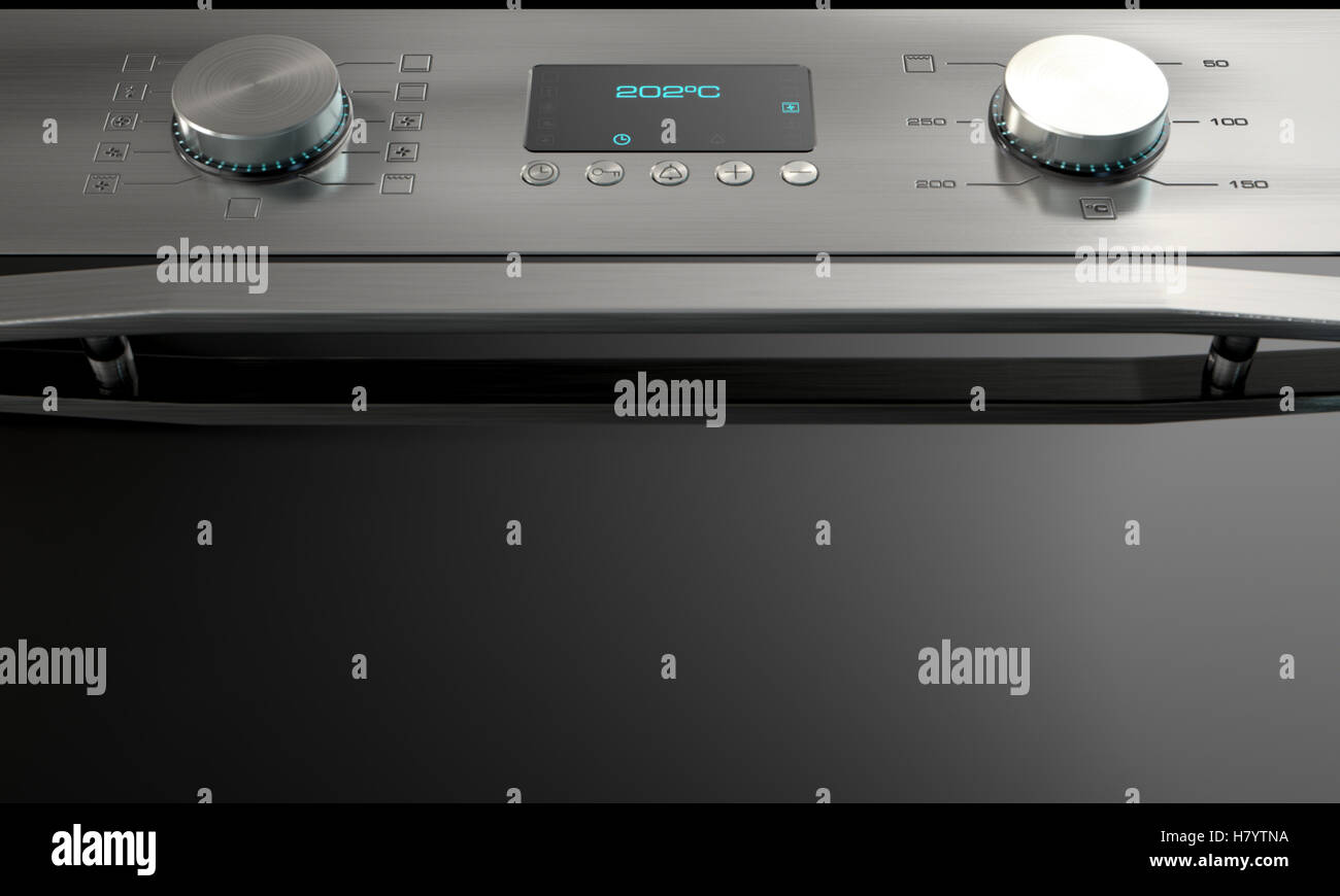 A 3D render of a closeup of the dials of a modern stainless steel oven ...