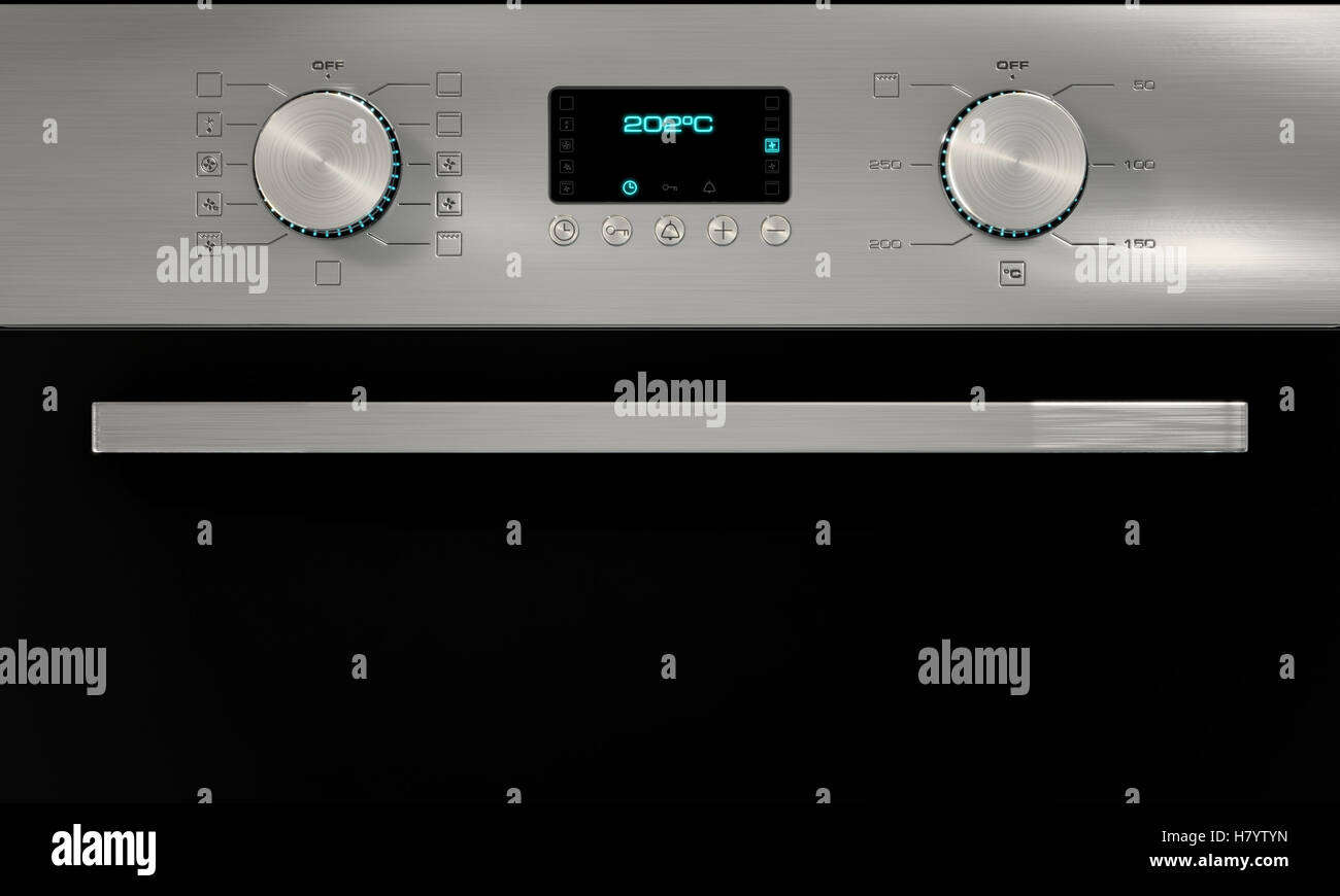 A 3D render of a closeup of the dials of a modern stainless steel oven ...