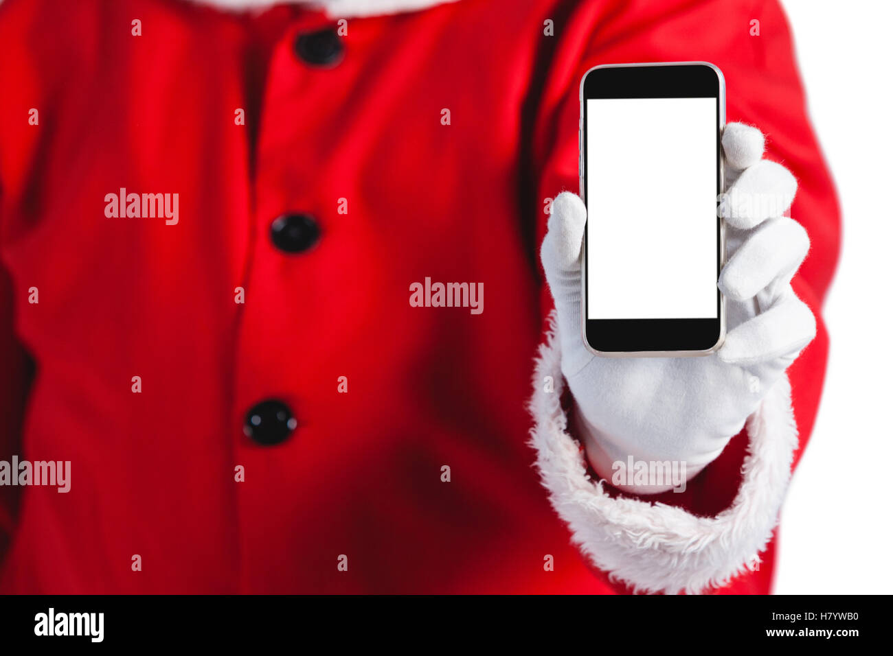 Santa claus showing mobile phone against white background Stock Photo ...