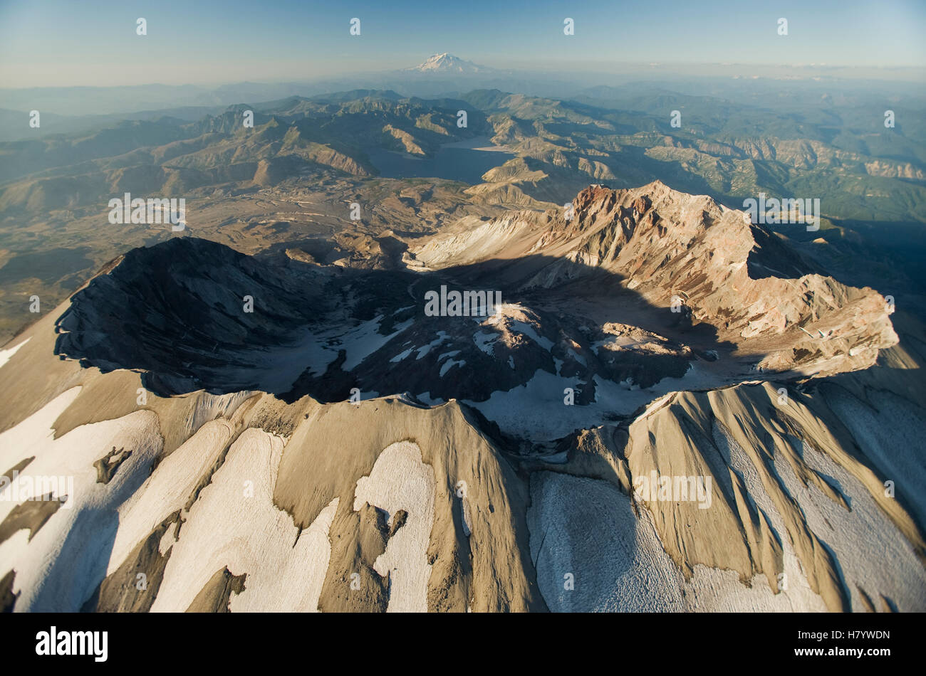 Aerial view of Mount St Helens crater with Mount Rainier behind, Mount ...