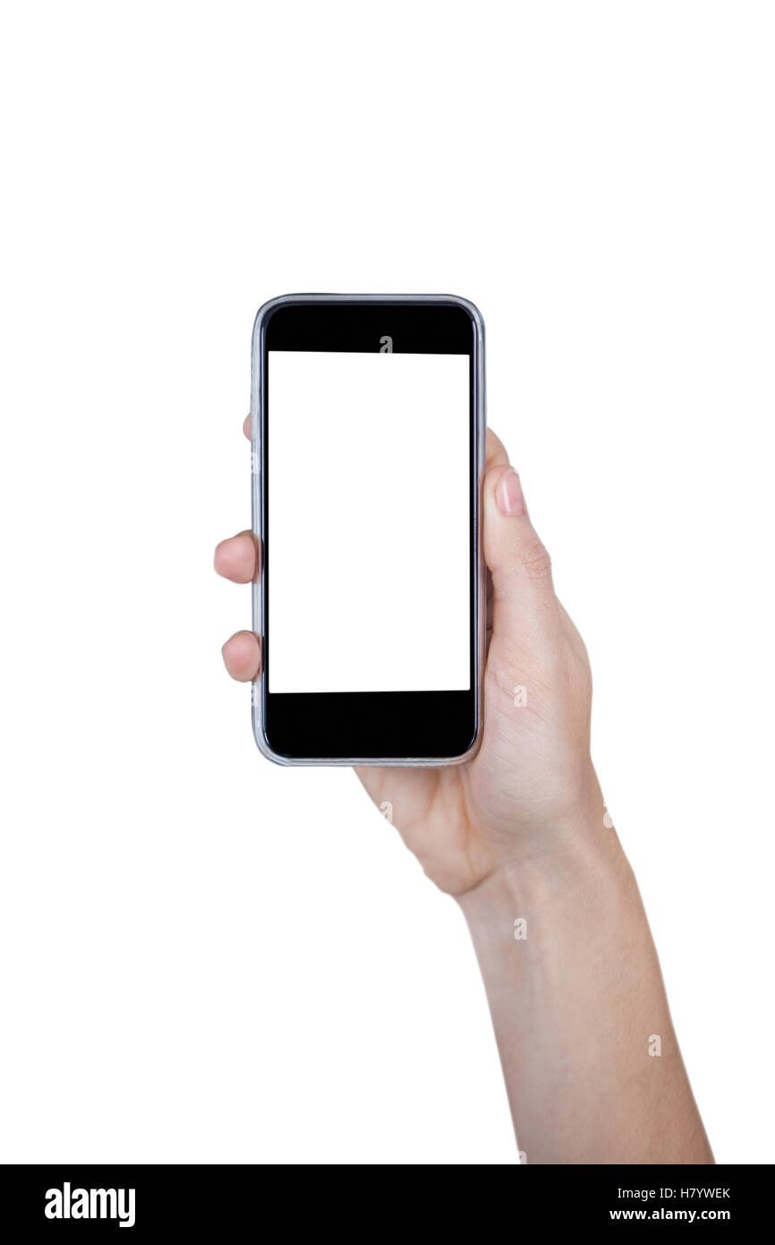 Hand holding mobile phone against white background Stock Photo - Alamy