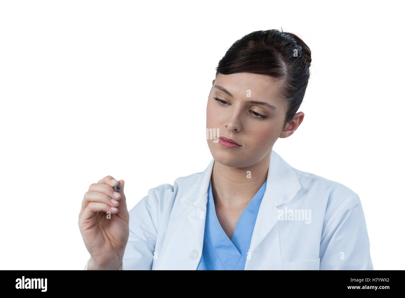 Female scientist writing on board Stock Photo - Alamy