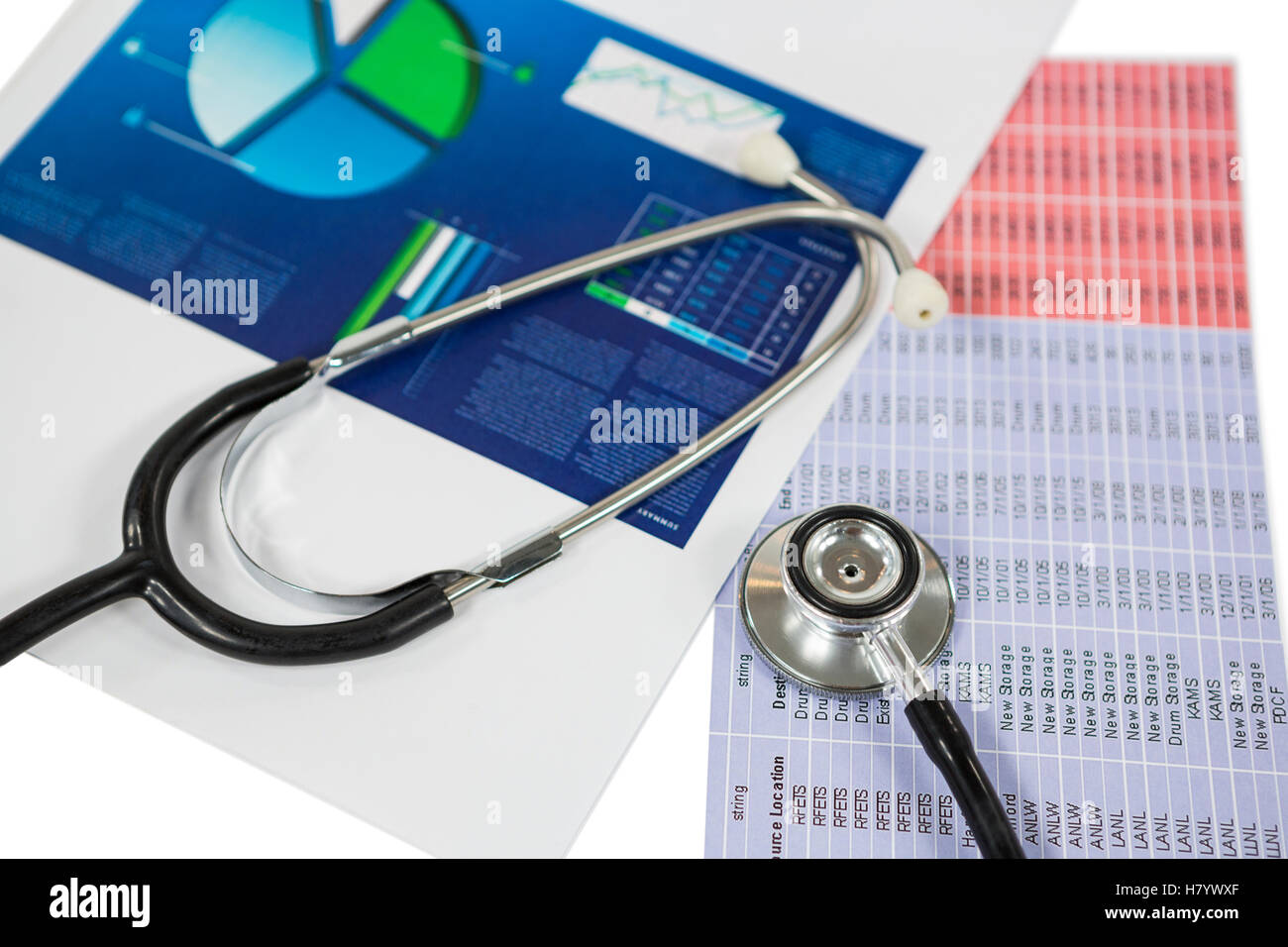 Stethoscope, graph chart, pen and calculator Stock Photo - Alamy