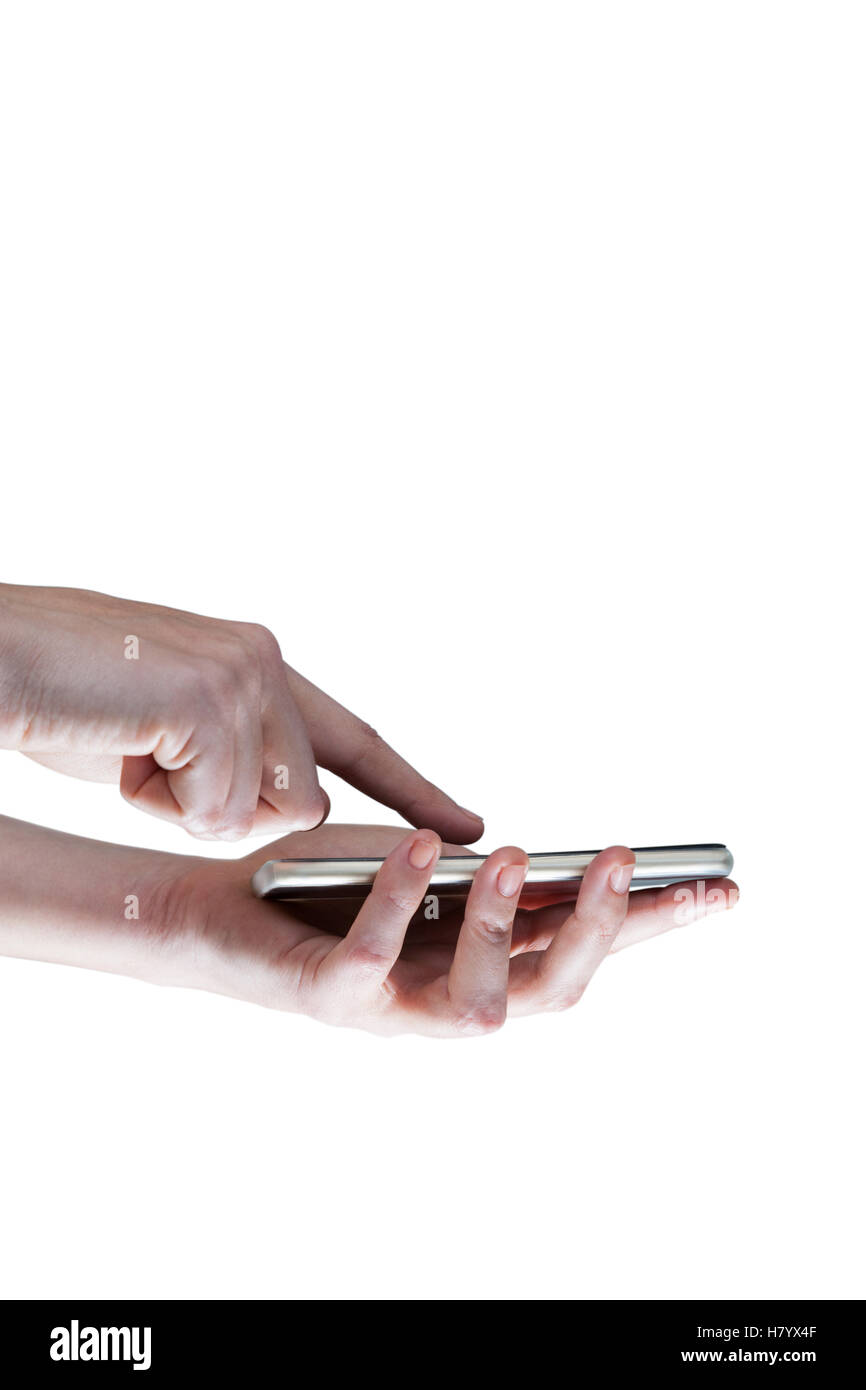 Hands using mobile phone against white background Stock Photo - Alamy
