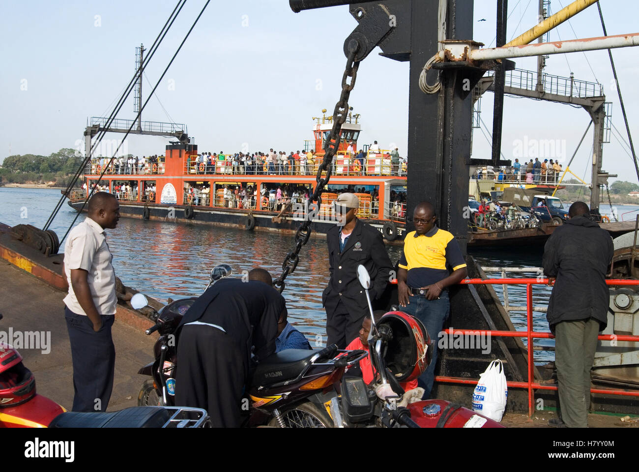 Likoni ferry carrying road and foot traffic in Mombasa, Kenya, Africa ...