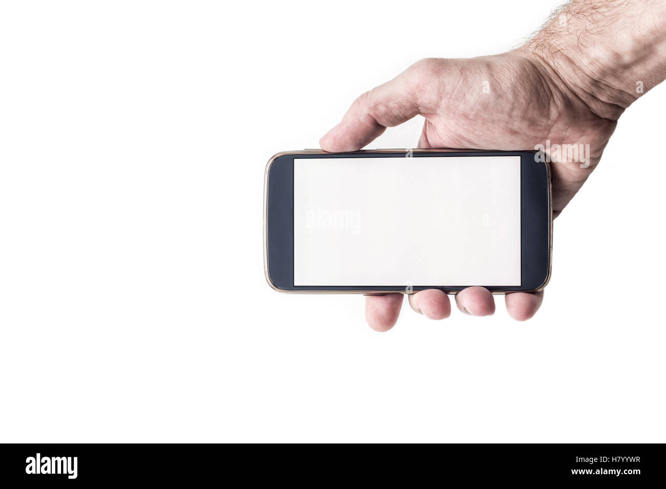 Hand holding mobile smartphone with blank screen horizontally on white ...