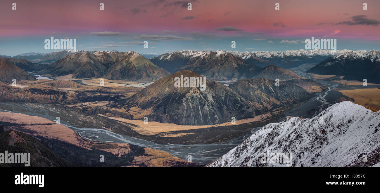 Waimakariri River basin in pre-dawn alpenglow from Mount Binser summit ...